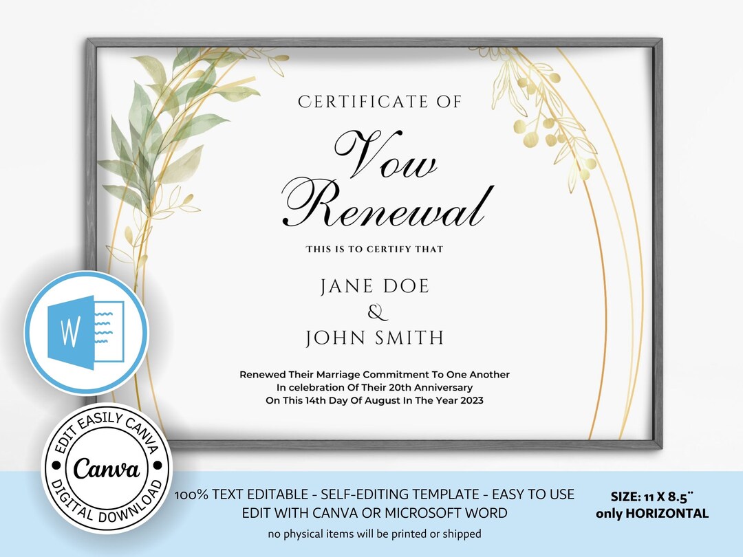 Editable Certificate of Vow Renewal Template. Marriage - Etsy