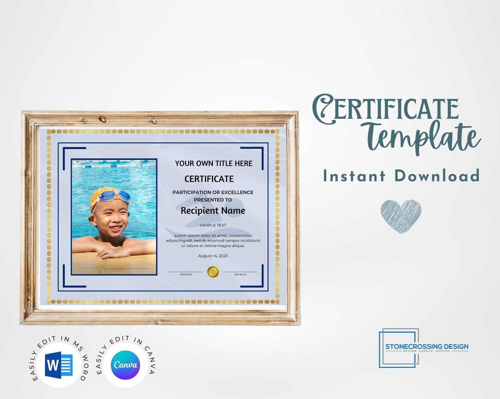 Editable Swimming Sports Certificate Template With Photo. - Etsy