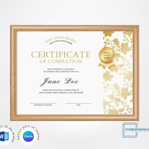Editable Certificate of Completion Template. Award Template. Printable ...