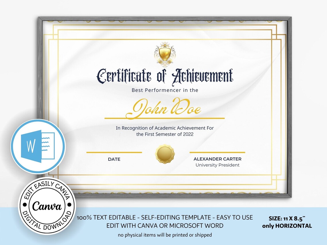 Editable Certificate of Achievement Template. Award Template. - Etsy