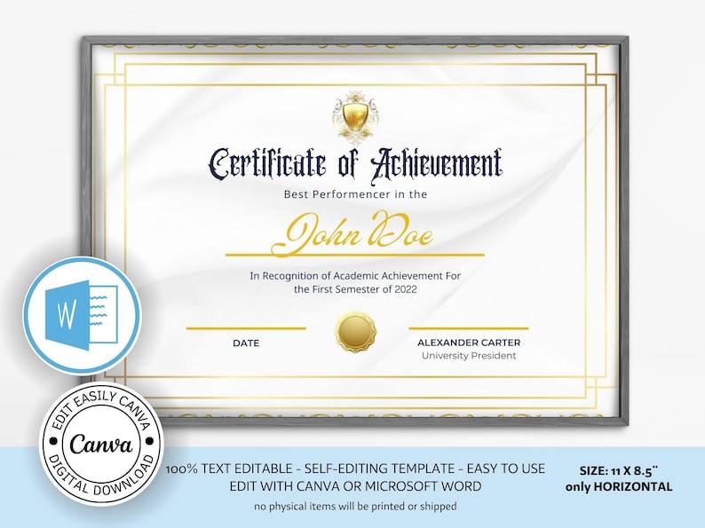 Editable Certificate of Achievement Template. Award Template. - Etsy