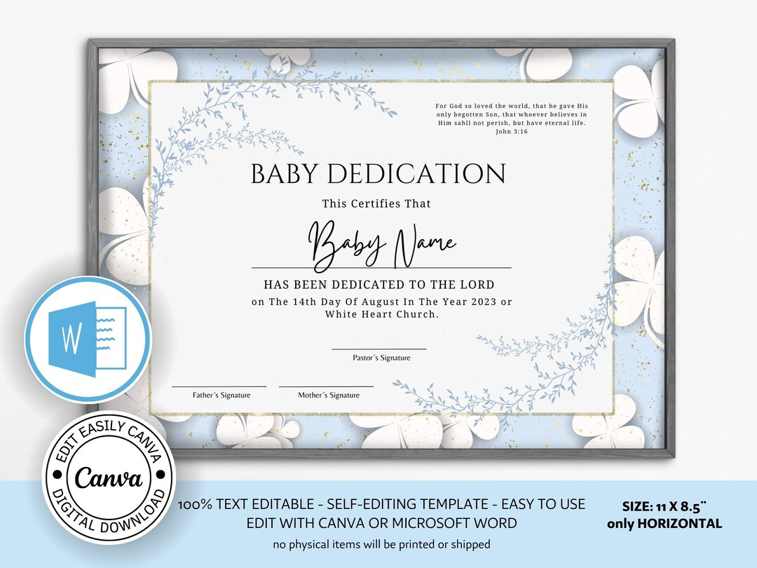 Editable Certificate of Baby Dedication Template. Child - Etsy