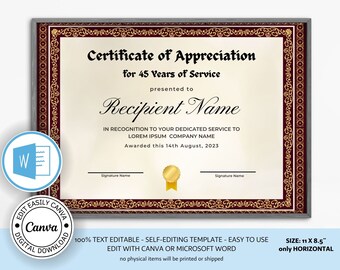 Editable Certificate of Completion Template. Award Template. - Etsy