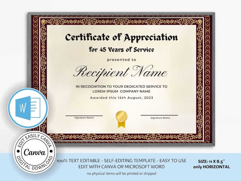 Editable Certificate of Appreciation. Award Template. - Etsy