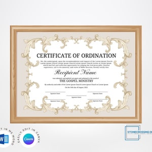 Editable Certificate of Ordination Template. Ordained Minister ...