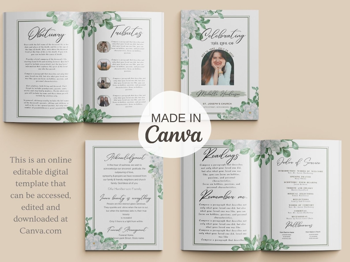 8 Page Funeral Program Template 8 Page Obituary Template - Etsy