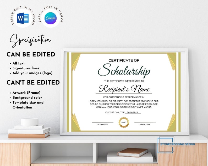Editable Certificate of Scholarship Template. Award Template. Printable ...