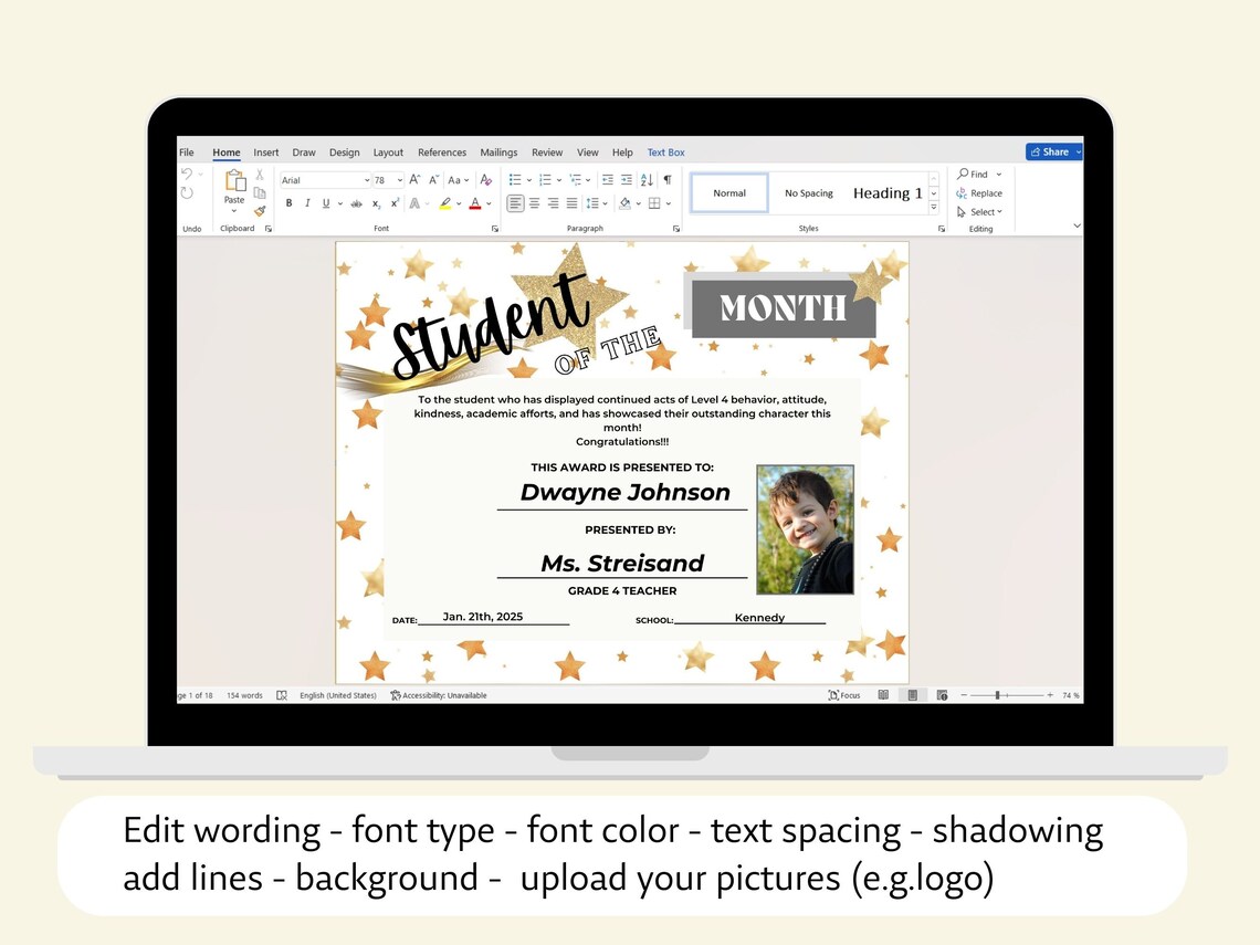 Editable Student of the Month Certificate Template. Student - Etsy