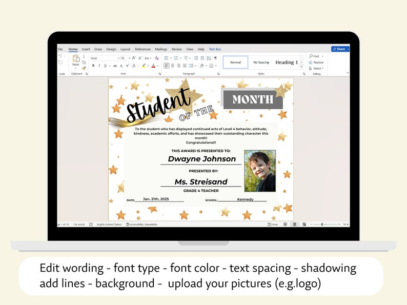 Editable Student of the Month Certificate Template. Student - Etsy
