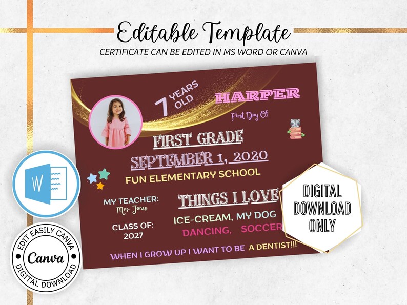 Editable First Day of School Template. School Certificate. - Etsy
