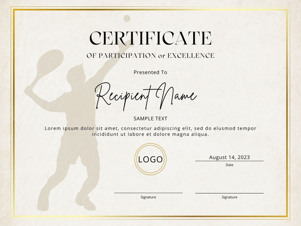 Editable Certificate of Participation or Excellence. Tennis - Etsy