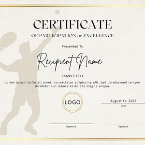 Editable Certificate of Participation or Excellence. Tennis - Etsy