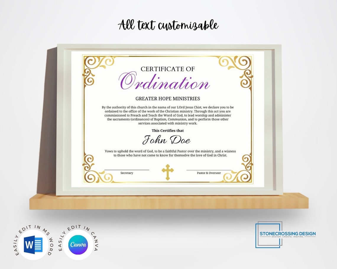 Editable Certificate of Ordination Template. Ordained Minister ...