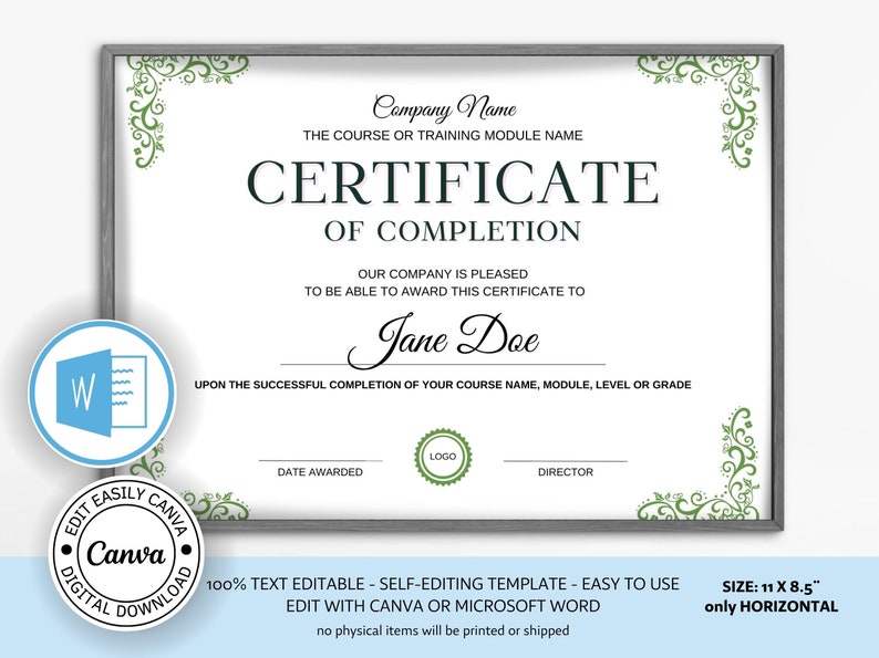 Editable Certificate of Completion Template. Award Template. - Etsy