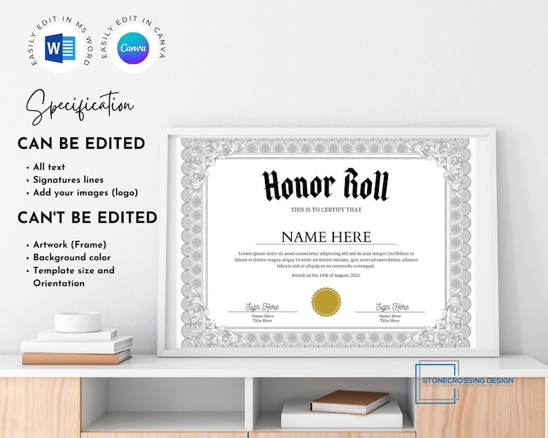 Editable Certificate of Honor Roll. Recognizing Academic Excellence ...
