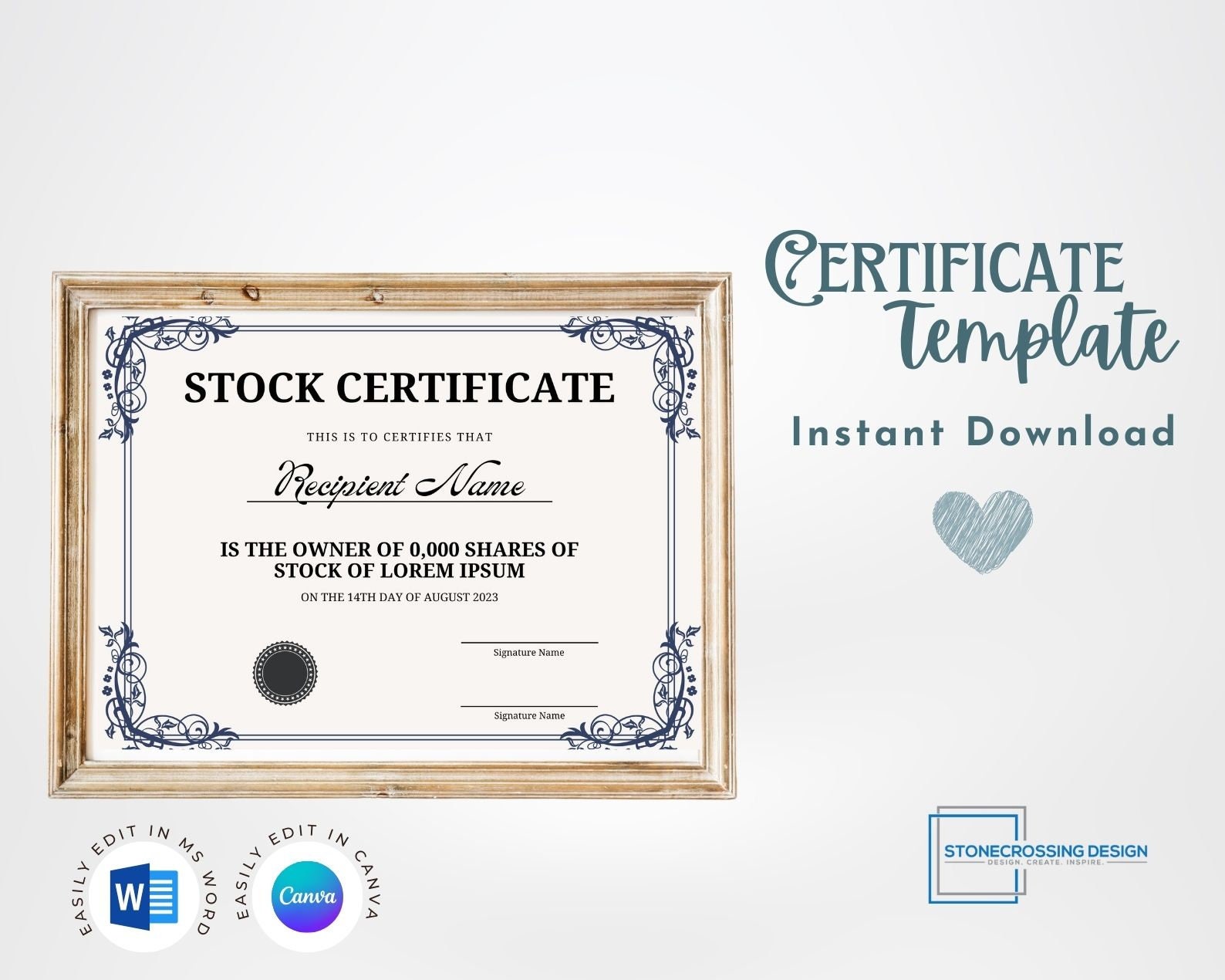 Editable Stock Certificate Template. Printable Certificate. Editable ...