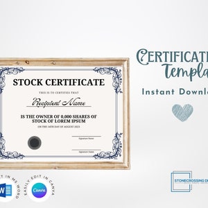 Editable Stock Certificate Template. Printable Certificate. Editable ...