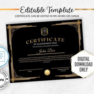 Editable Certificate of Achievement Template. Award Template. - Etsy