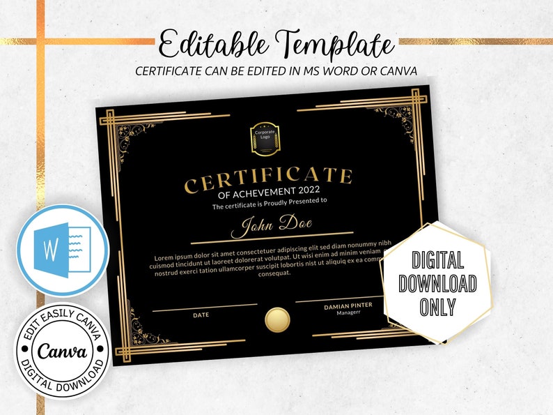 Editable Certificate of Achievement Template. Award Template. - Etsy