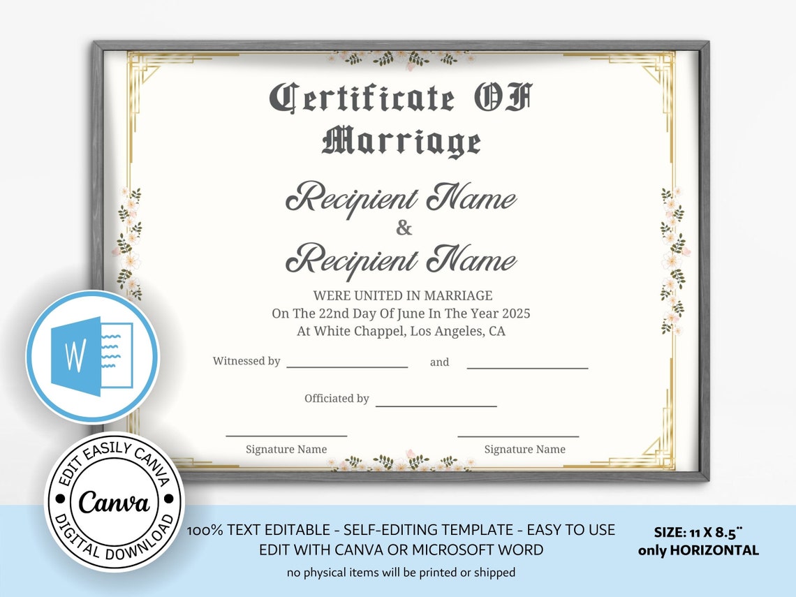 Editable Certificate of Marriage Template. Marriage License. - Etsy
