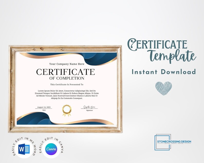 Editable Certificate of Completion Template. Award Template. Printable ...