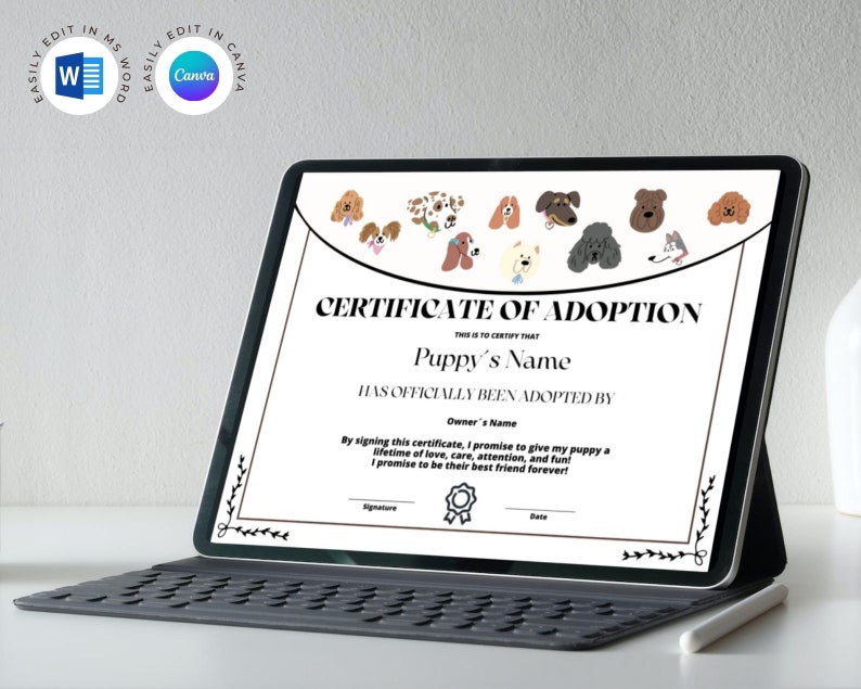 Editable Certificate of Dog Adoption Template. Pet Adoption Certificate ...