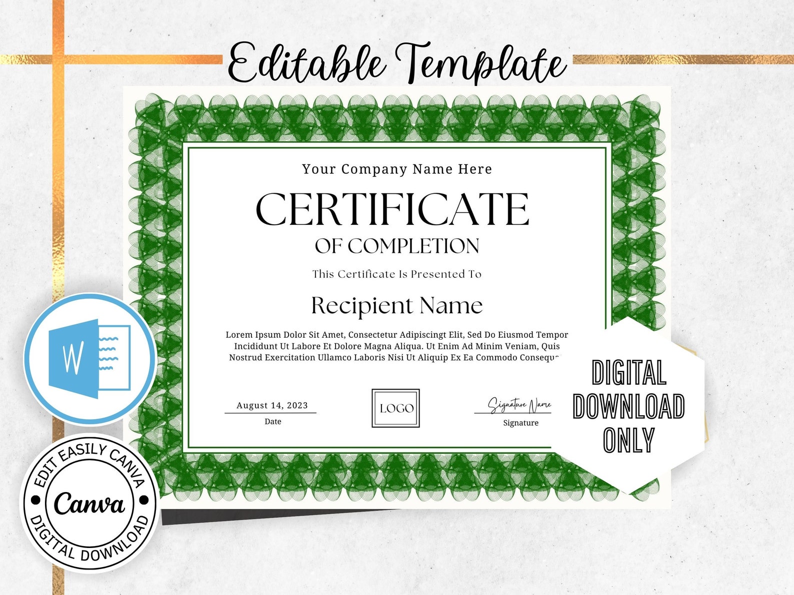 Editable Certificate of Completion Template. Award Template. - Etsy