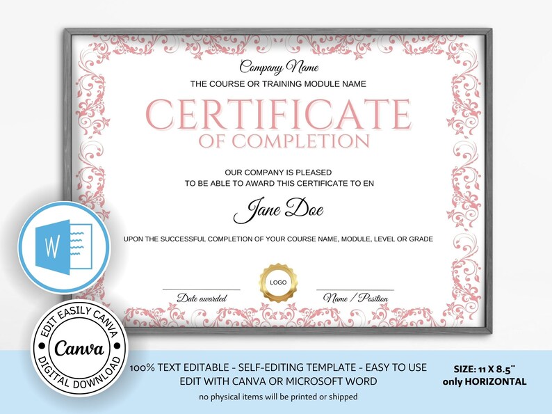 Editable Certificate of Completion Template. Award Template. - Etsy