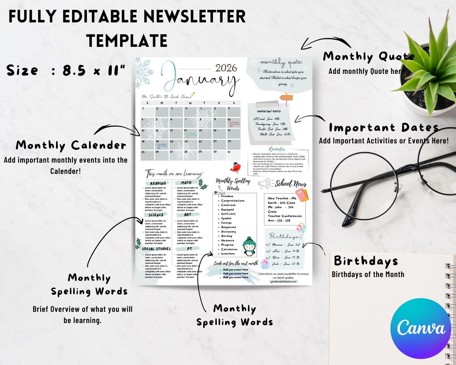 January 2026 Newsletter Template | Editable Monthly Newsletter ...