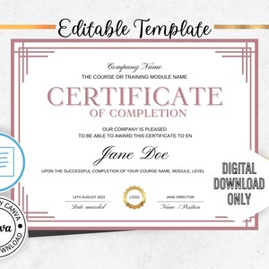 Editable Certificate of Completion Template. Award Template. - Etsy