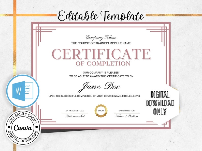 Editable Certificate of Completion Template. Award Template. - Etsy