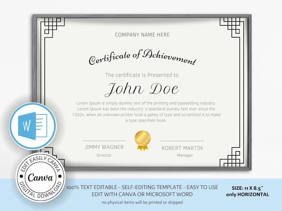 Editable Certificate of Achievement Template. Award Template. - Etsy