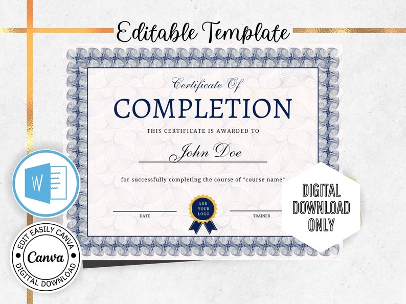 Editable Certificate of Completion Template. Award Template. - Etsy