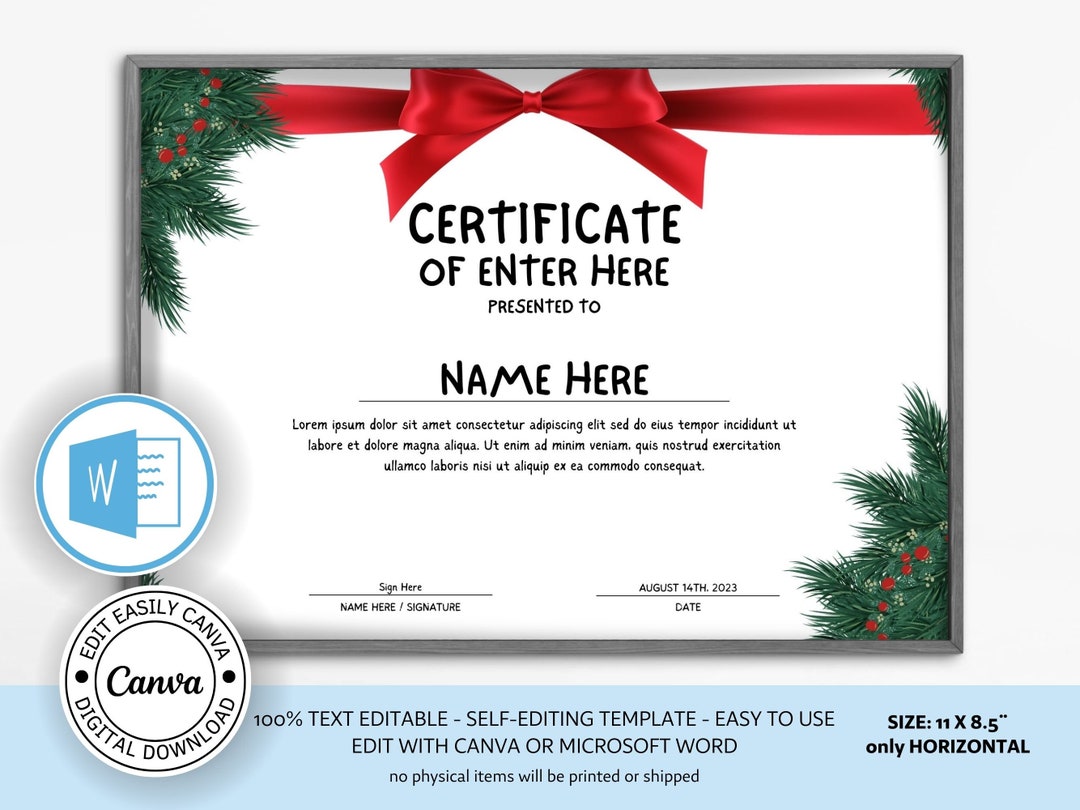 Editable Christmas Holiday Certificate Editable With Canva or - Etsy
