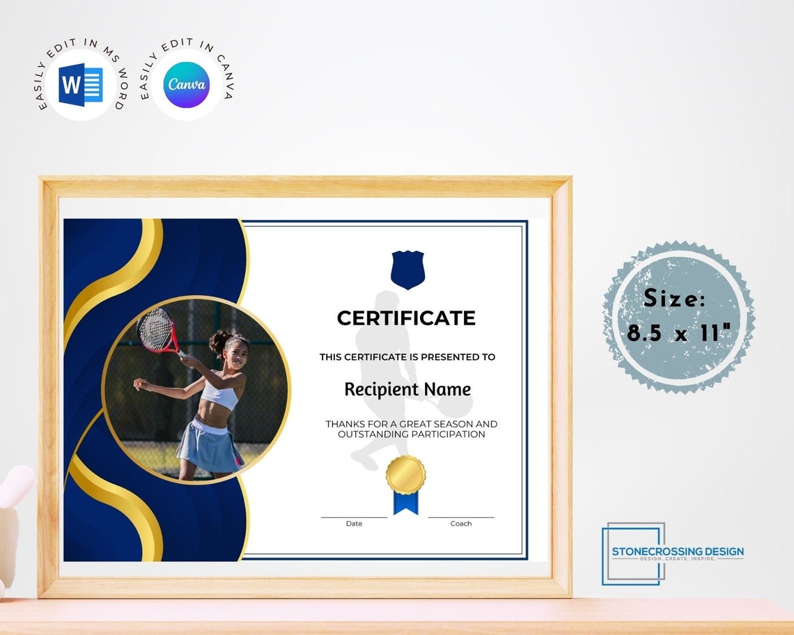 Editable Tennis Sports Certificate Template With Photo. Award. - Etsy