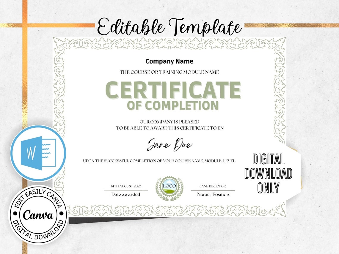 Editable Certificate of Completion Template. Award Template. - Etsy
