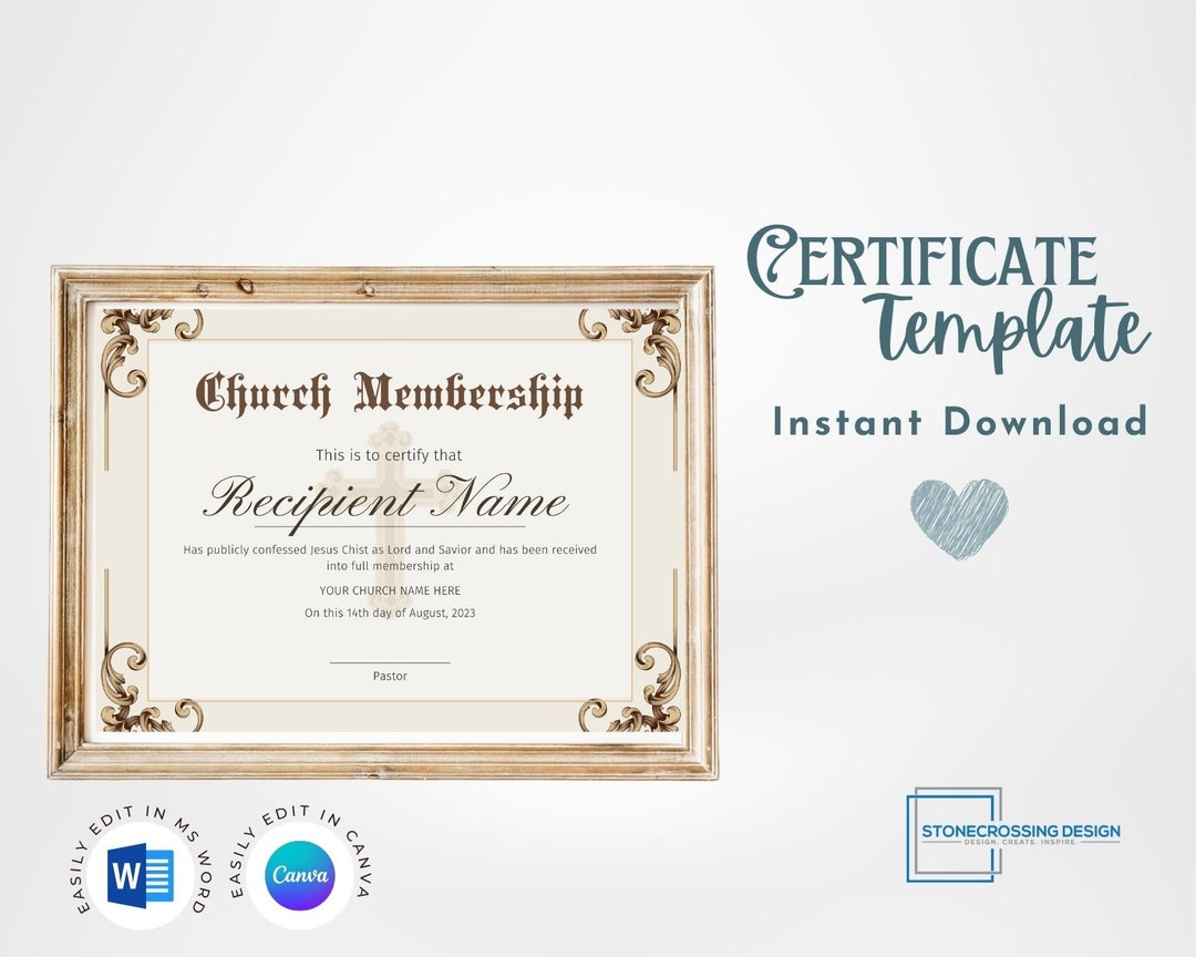 Editable Church Membership Template. Baptism. Printable Certificate ...