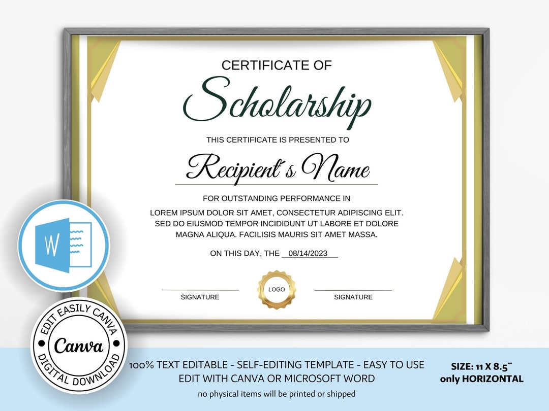 Editable Certificate of Scholarship Template. Award Template. - Etsy