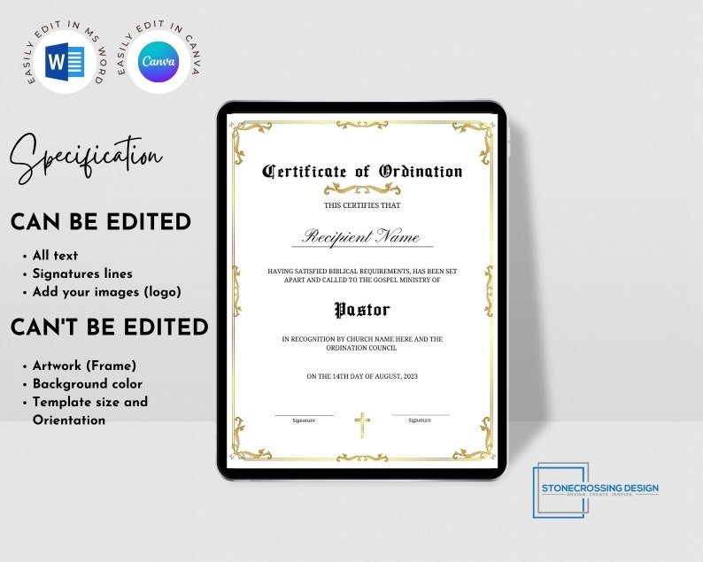 Editable Certificate of Ordination Template. Ordained Minister ...