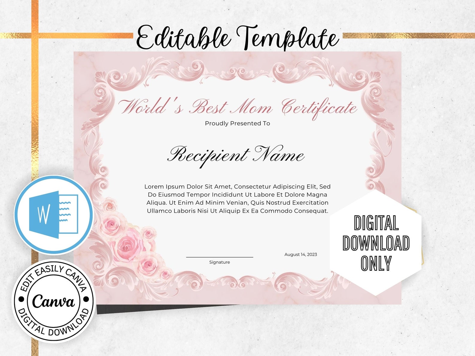 Editable Certificate for Best Mom. Award Template. Printable - Etsy
