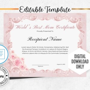 Editable Certificate for Best Mom. Award Template. Printable - Etsy