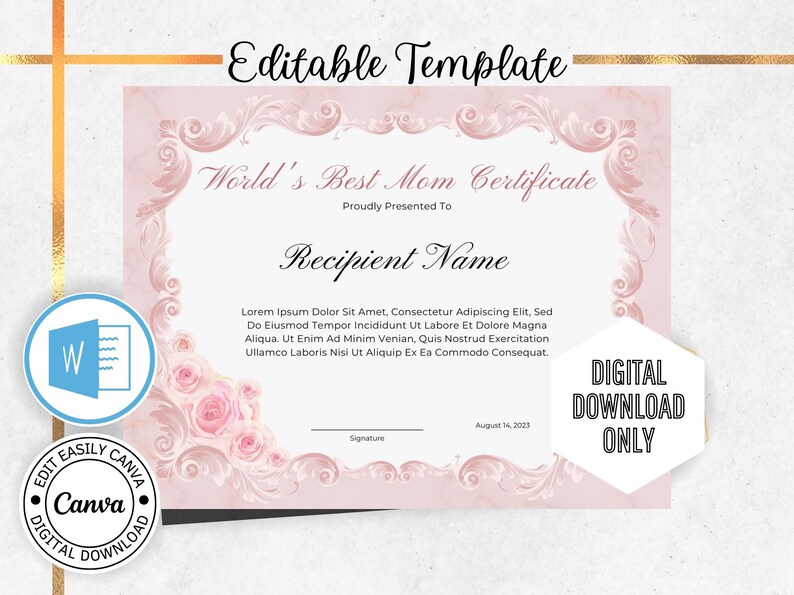 Editable Certificate for Best Mom. Award Template. Printable - Etsy
