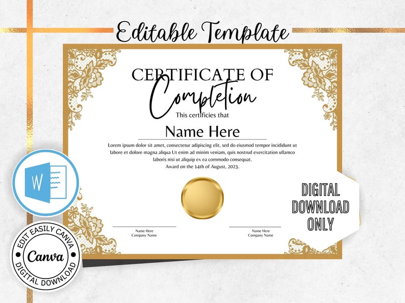 Editable Certificate of Completion Template. Award Template. - Etsy