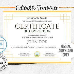 Editable Certificate of Completion Template. Award Template. - Etsy