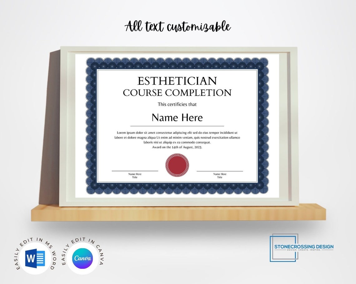Editable Certificate of Completion Template. Esthetician Completion ...