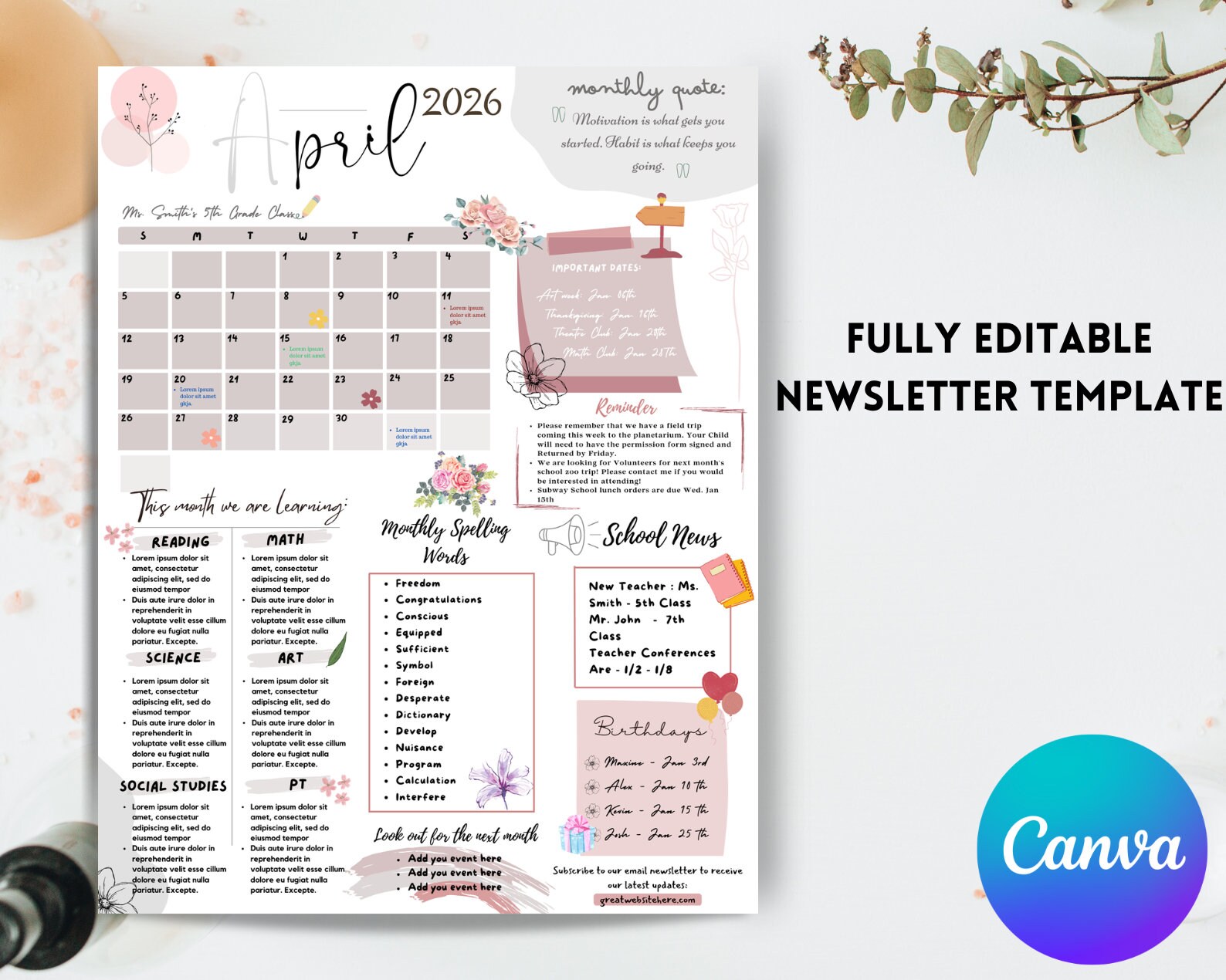 April 2026 Newsletter Template | Editable Monthly Newsletter ...
