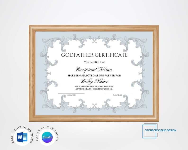 Editable Certificate of Godparents. Printable Certificate. Editable ...