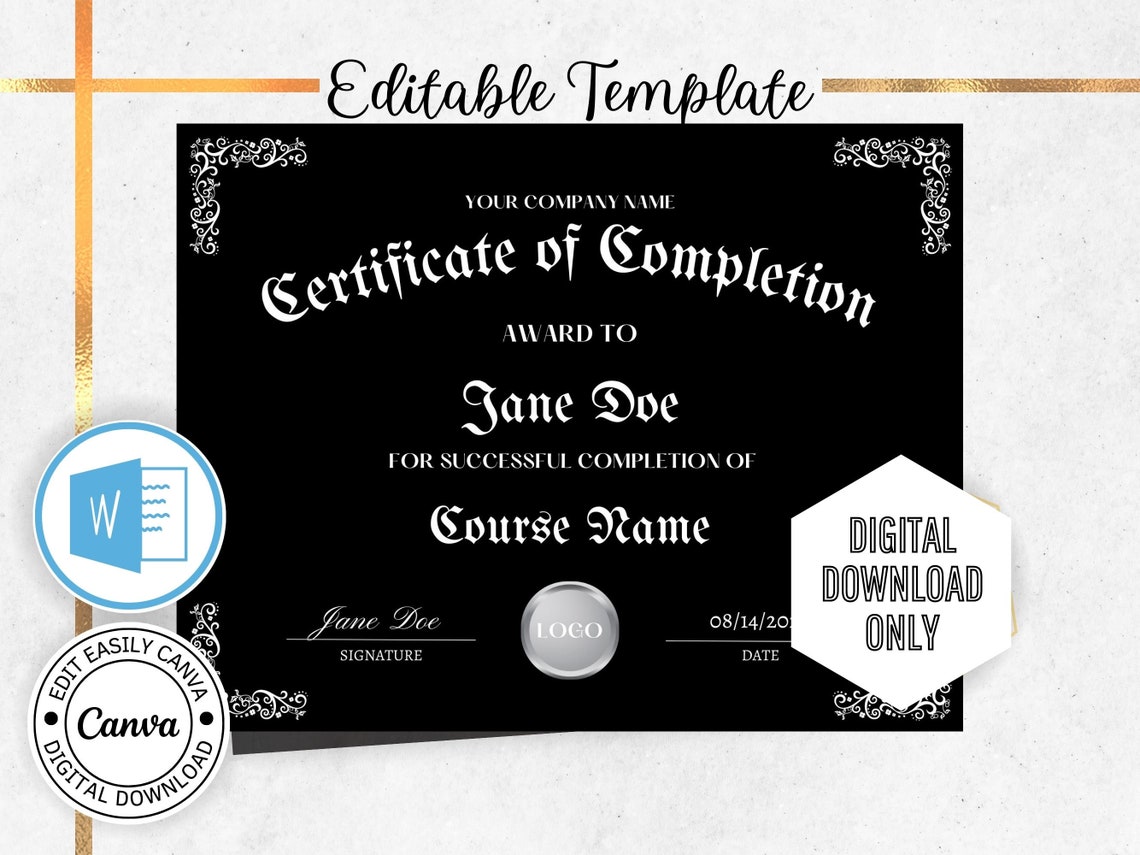 Editable Certificate of Completion Template. Award Template. - Etsy