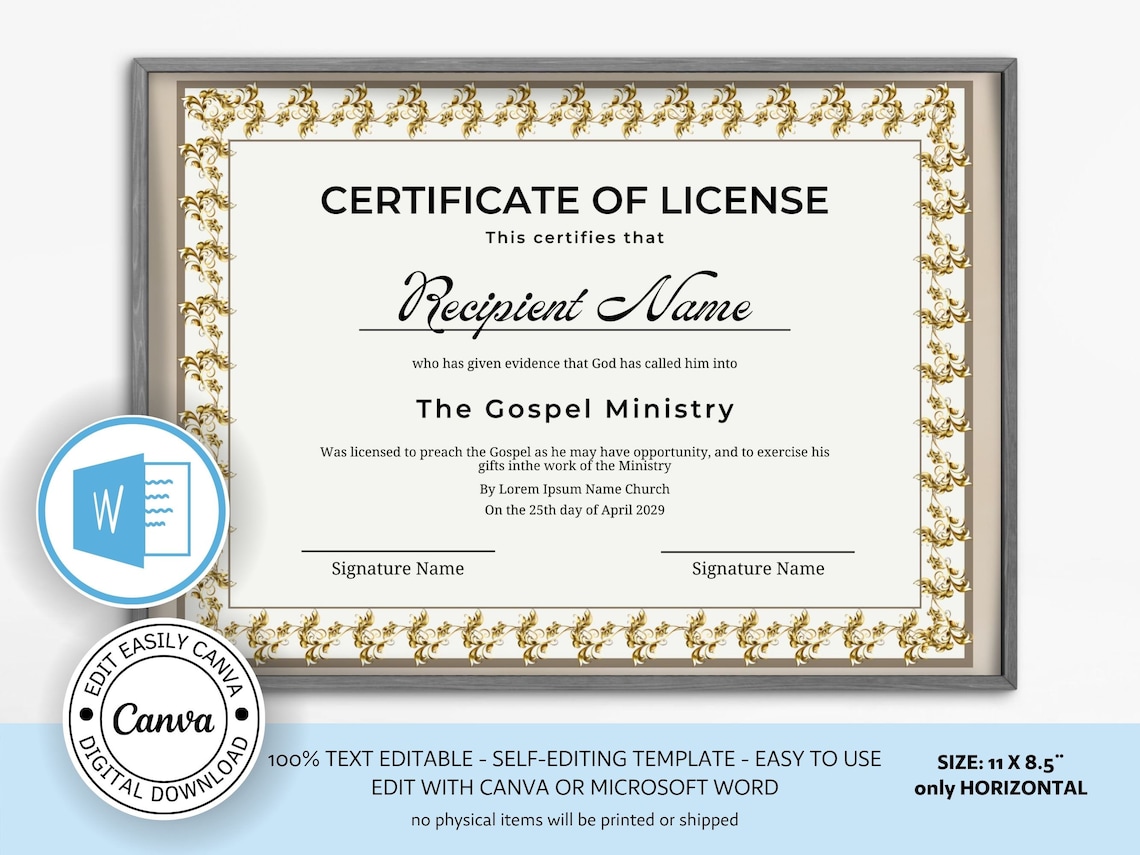 Editable Certificate of License Template. Award Template. - Etsy
