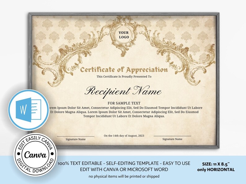 Editable Certificate of Appreciation. Award Template. - Etsy